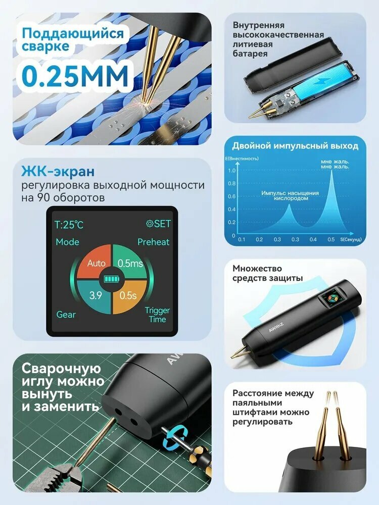 AWithZ H2 pro Портативный ручной аккумуляторный аппарат для точечной сварки, литиевая батарея 18650, сварочная головка из глиноземной меди