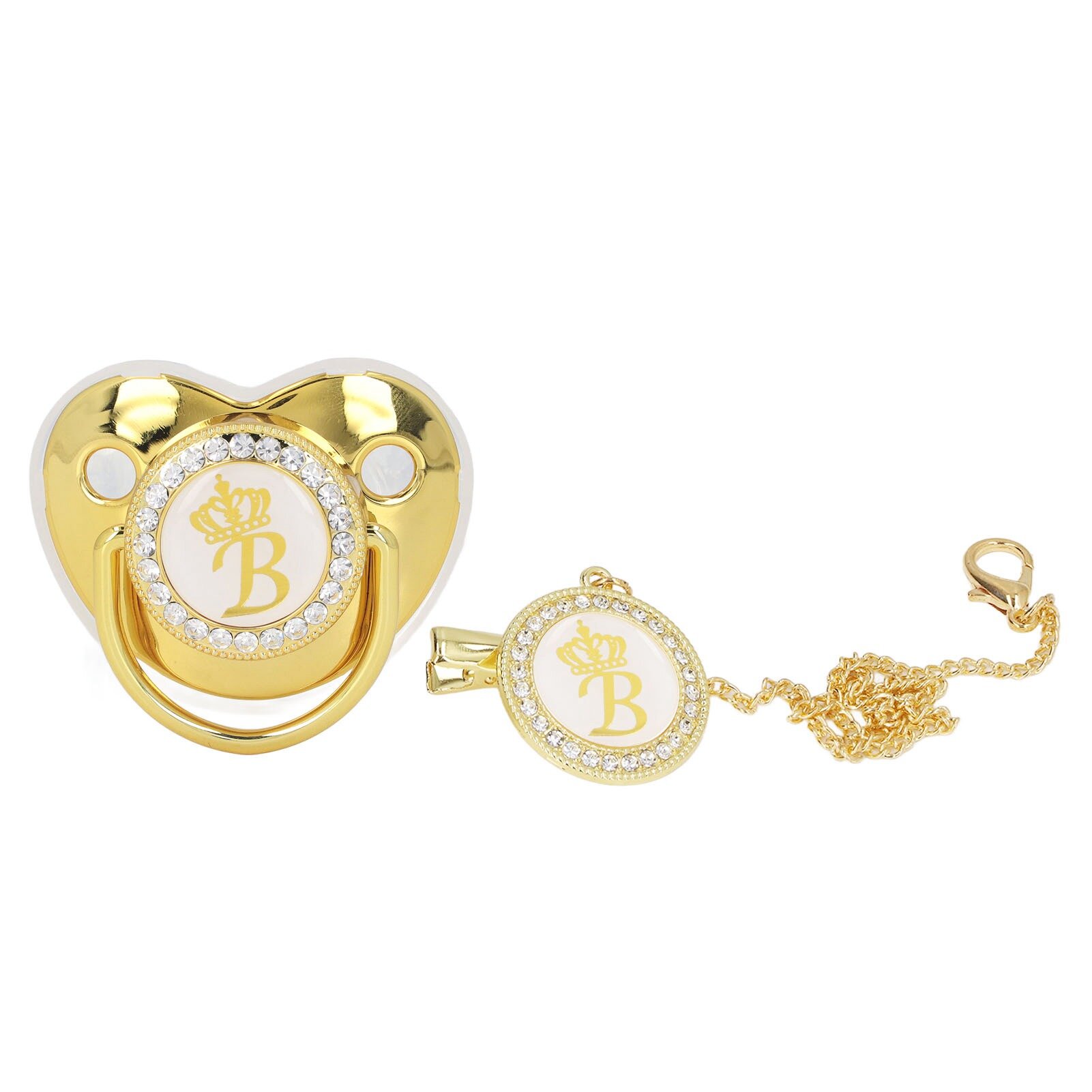 Baby Pacifier Infant Portable Exquisite Golden Crown Letter Rhinestone with Chain Clip B