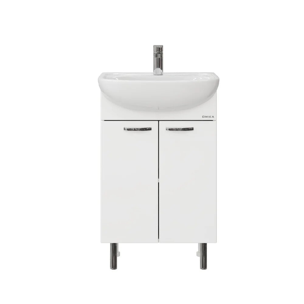 Тумба с раковиной Onika Коралл 50.10 напольная, 51 см, белая, глянцевая, из МДФ, с дверками, раковина для ванной, фаянсовая, полукруглая, встроенный слив-перелив