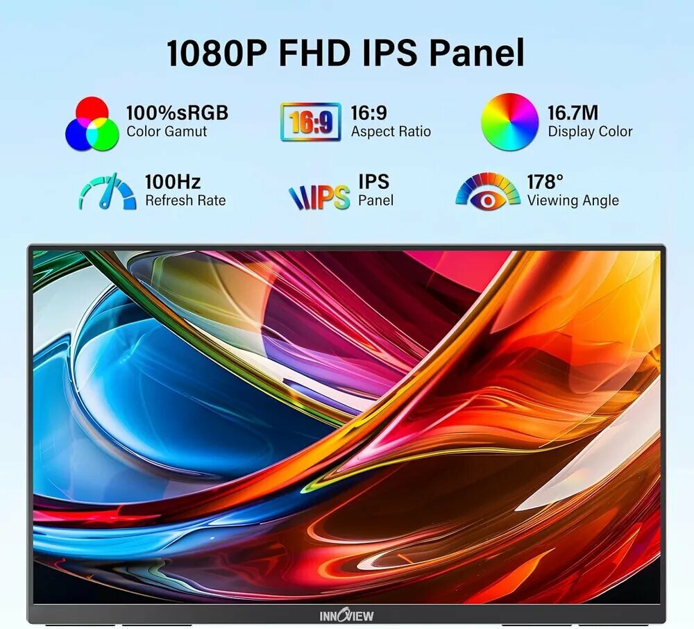 PORPOISE 23" Монитор 2025 Тонкий портативный ЖК-монитор PORPOISE 2300XT,100% SRGB IPS, USB-C, HDMI, большой удлинитель экрана ноутбука, регулируемая подставка на 180°, совместимые с телефонами Mac для игр и работы, черный матовый, черный
