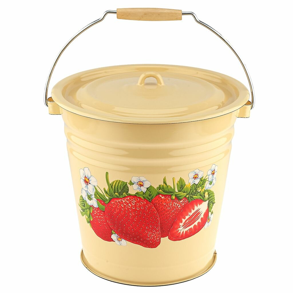 Ведро эмалированное Лысьвенские эмали с рисунком"Сочная клубника , 12 л, с металлической крышкой и подвижной ручкой (С-1224Др/4Км)