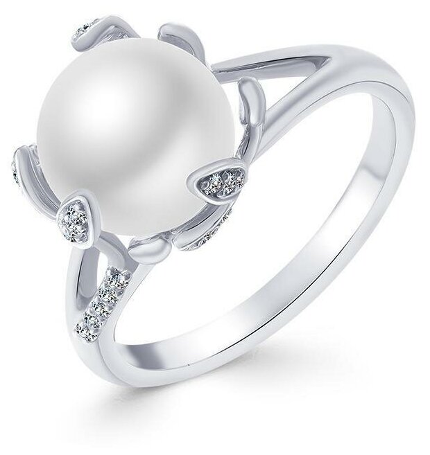 Кольцо, серебро, 925 проба, жемчуг культивированный, фианит