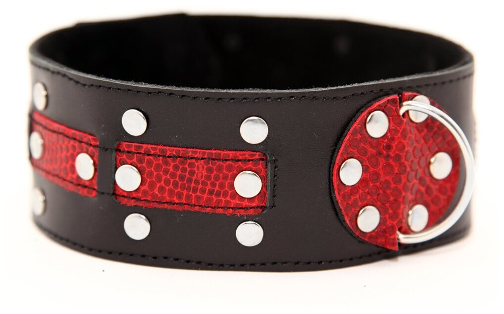 Чёрно-красный ошейник с клёпками, БДСМ Арсенал, натуральная кожа, черный с красным