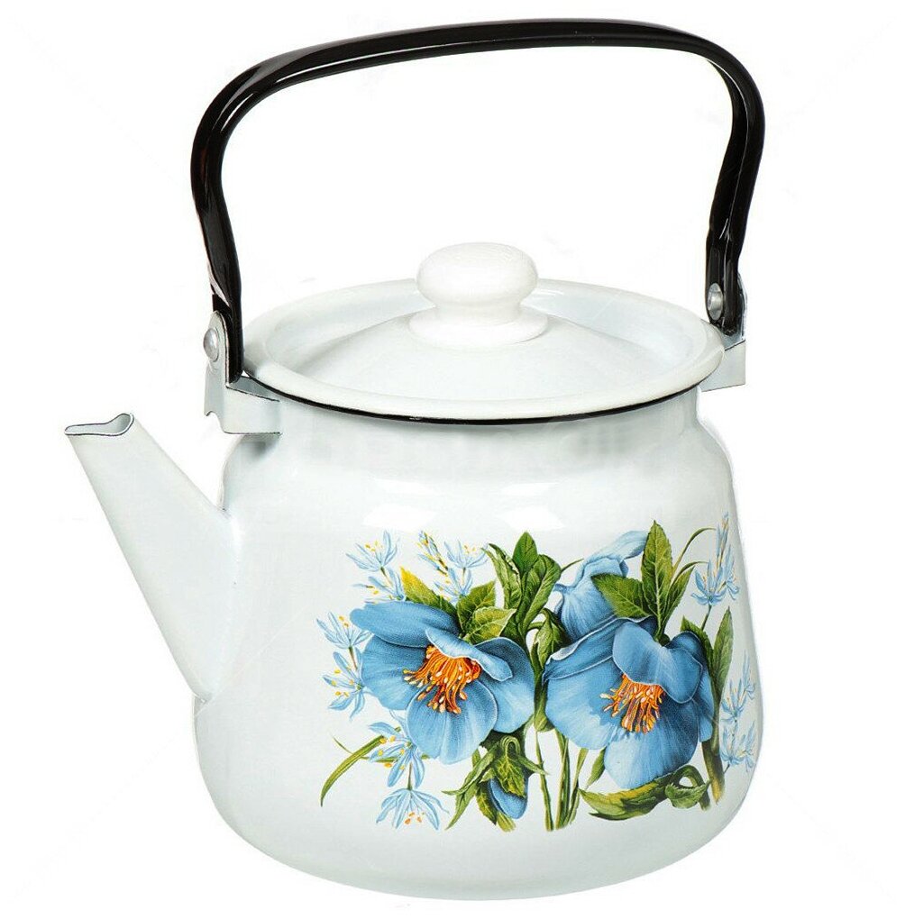 Чайник 3,5л эмаль С2716.3*96 сфер. декор Цветы синие, белый с кнопкой стальэмаль