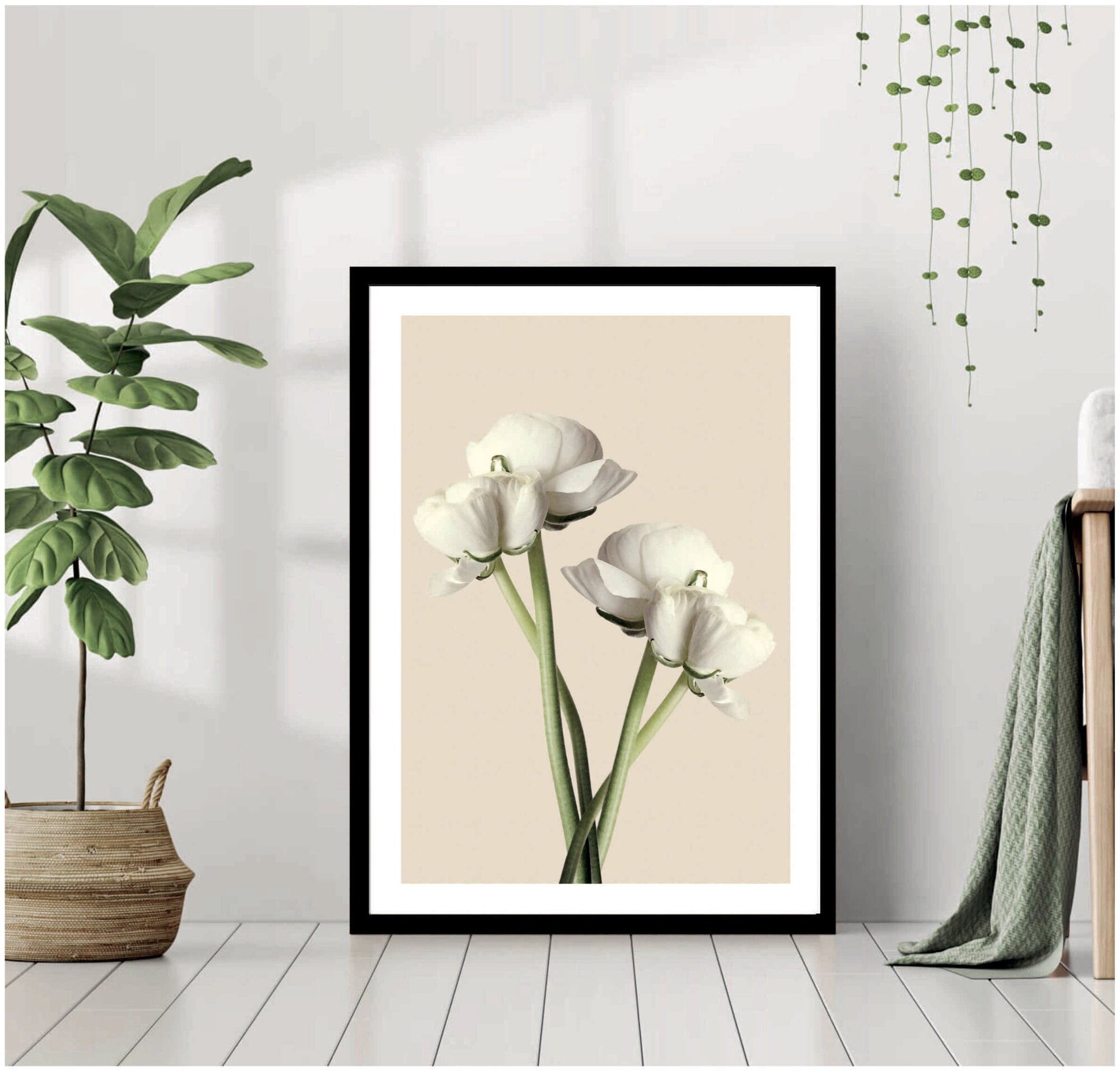 Постер "Белые лютики, цветок" в черной рамке 40x50 см для интерьера на стену