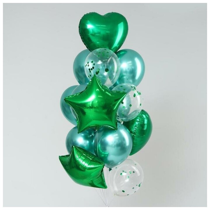 Букет из шаров Хром , фольга, латекс, с конфетти, набор 14 шт, цвет зелёный