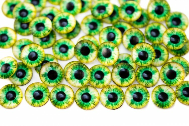 Кабошон стеклянный круглый с принтом Глаз 12х4мм, оттенок зеленый, 2030-052, 10шт