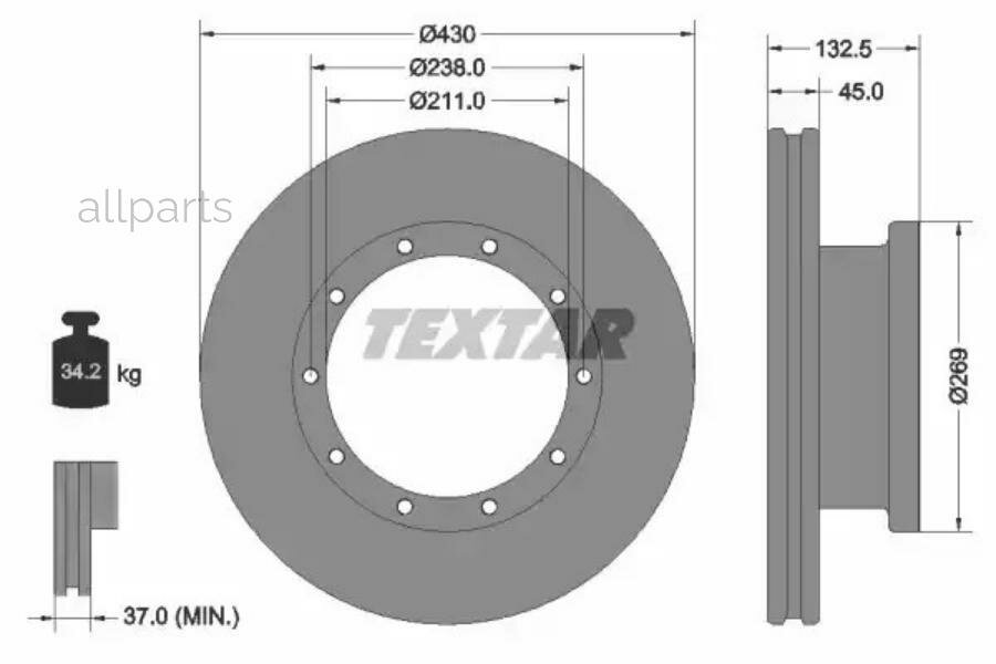 TEXTAR 93087900 93087900 диск тормозной! 430/211x45/132.5 10n-238-M14x1.5 \ MB Actros