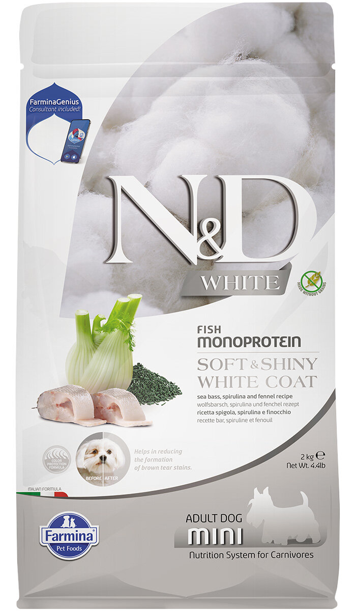 FARMINA DOG N&D GF WHITE AD MINI SEA BASS SPIRULINA&FENNEL безз соб мал белой шерсть сибас спирулина 2 кг