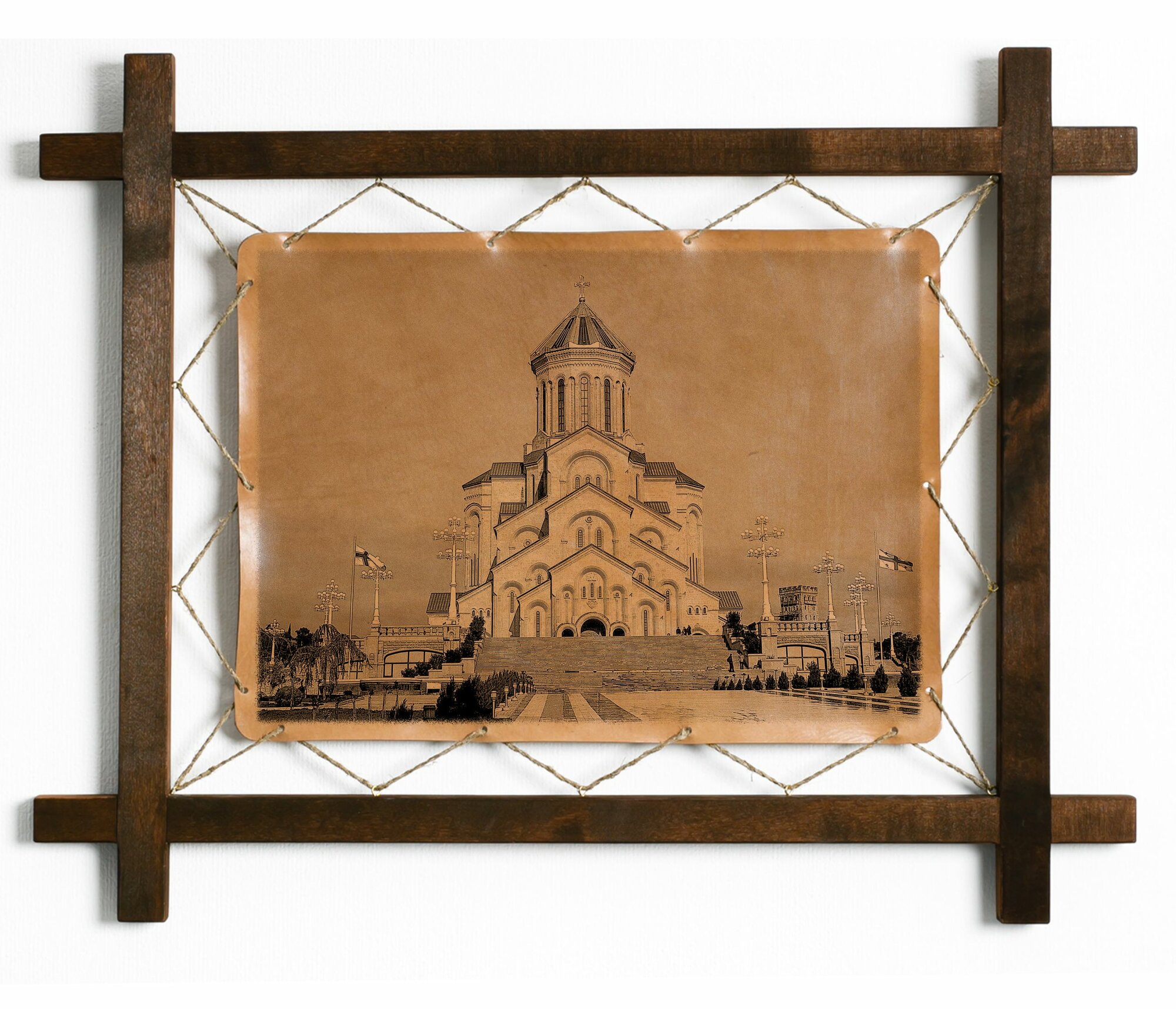 Картина интерьерная, натуральная кожа, "Собор Цминда Самеба" (Грузия), в деревянной раме, BoomGift