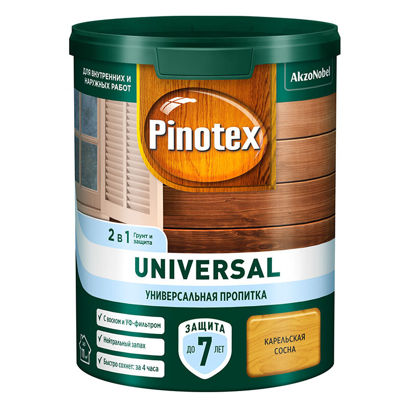 Пропитка PINOTEX UNIVERSAL 2 в 1 для защиты древесины, на водной основе, карельская сосна 0,9л