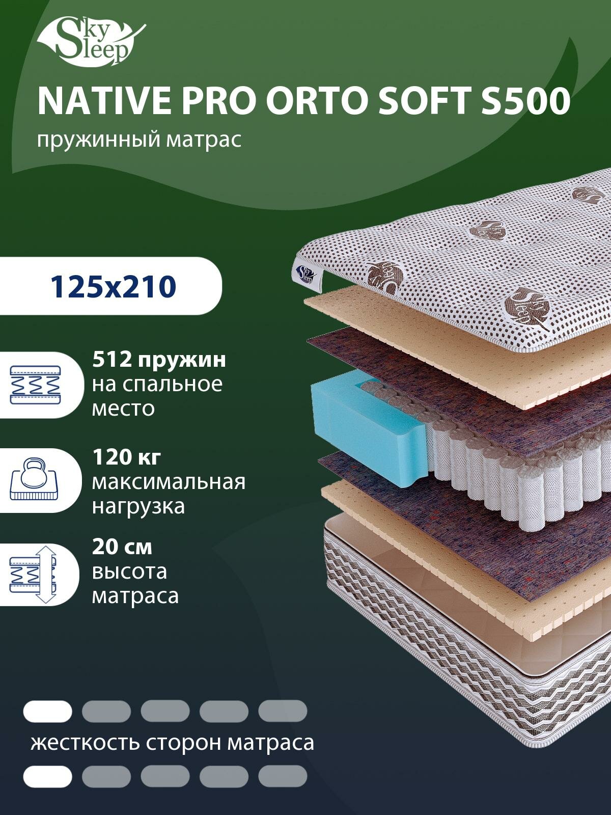 Матрас 125x210 ортопедический пружинный SkySleep NATIVE PRO ORTO SOFT S500