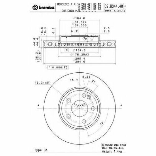 Тормозной диск передний Brembo 09B34441 для Mercedes A-CLASS W176, B-CLASS W246, W242, CLA C117, X117, GLA-CLASS X156
