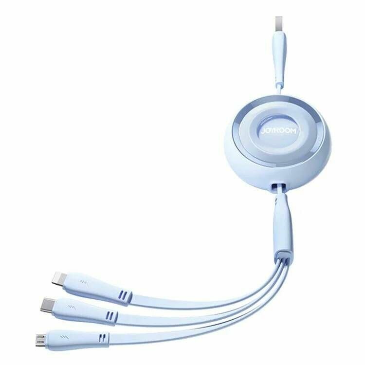 Кабель для быстрой зарядки выдвижной 3 в 1 (Lightning, Type-c, Micro USB), на катушке, JOYROOM, 3,5А, 1 метр, голубой