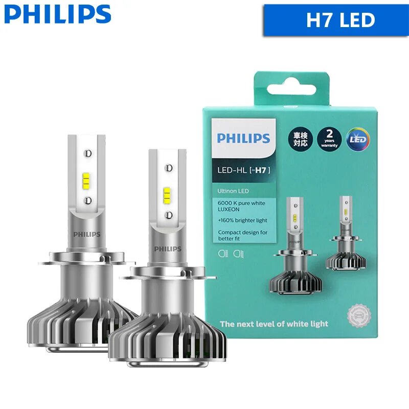 Светодиодные лампы Philips H1 H4 H7 H8 H11 H16 HB3 HB4 Ultinon LED 6000K, фары холодного белого света + 160% ярких противотуманных фар для автомобиля, компактный дизайн, пара