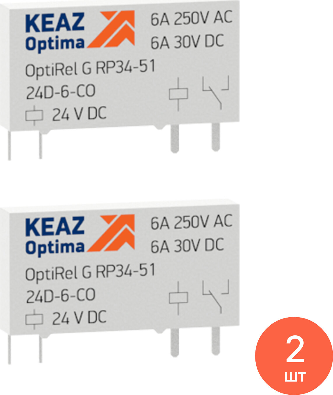 Реле промежуточное КЭАЗ OptiRel G RP34-51-24D-6-CO, 5x15x28мм, 6А 24В AC/DC, 281143 / электрика (комплект из 2 шт)