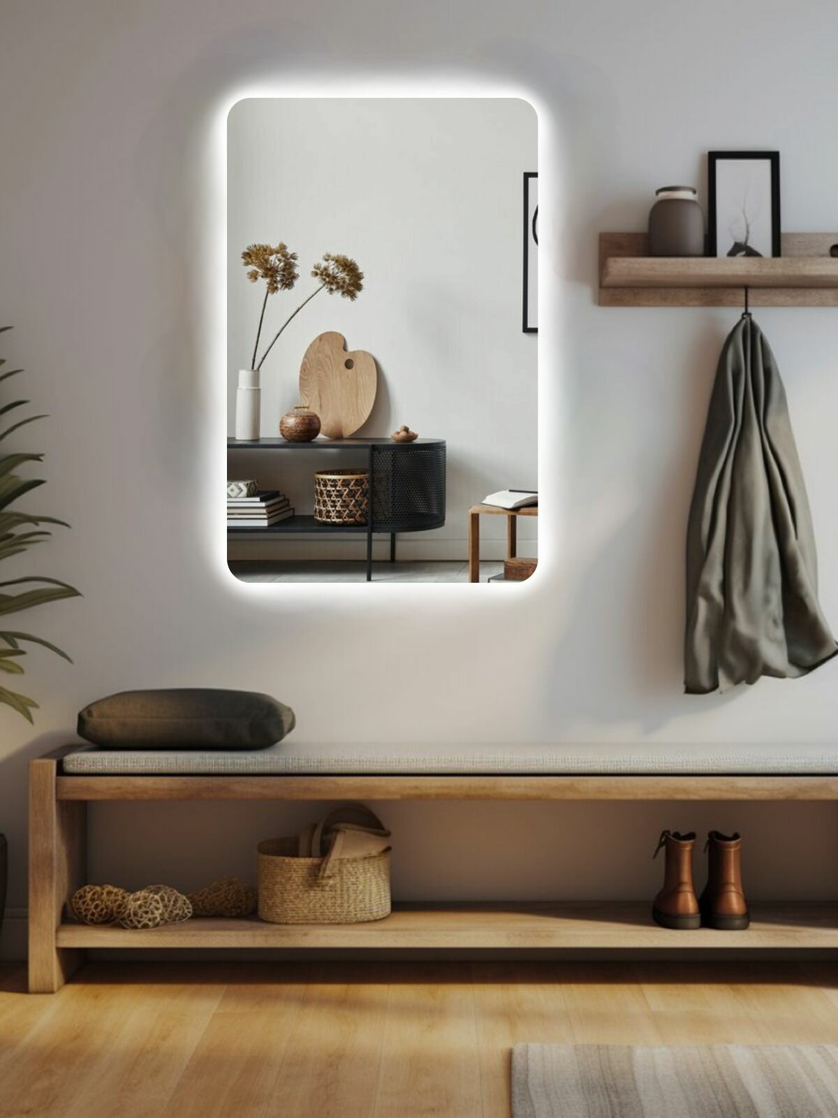 Зеркало для ванной прямоугольное с закругленными краями с LED подсветкой 4500 К (нейтральный свет), без сенсорной кнопки (с подключением от выключателя)