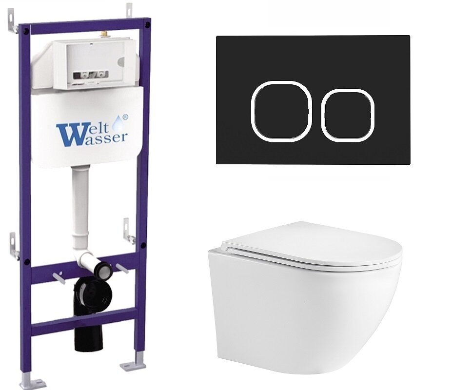 Унитаз подвесной WeltWasser BAMBERG 460+MERZBACH 043 GL-WT+BAMBERG BL белый глянцевый, безободковый, с крышкой микролифт, слив-торнадо, с инсталляцией и черной кнопкой