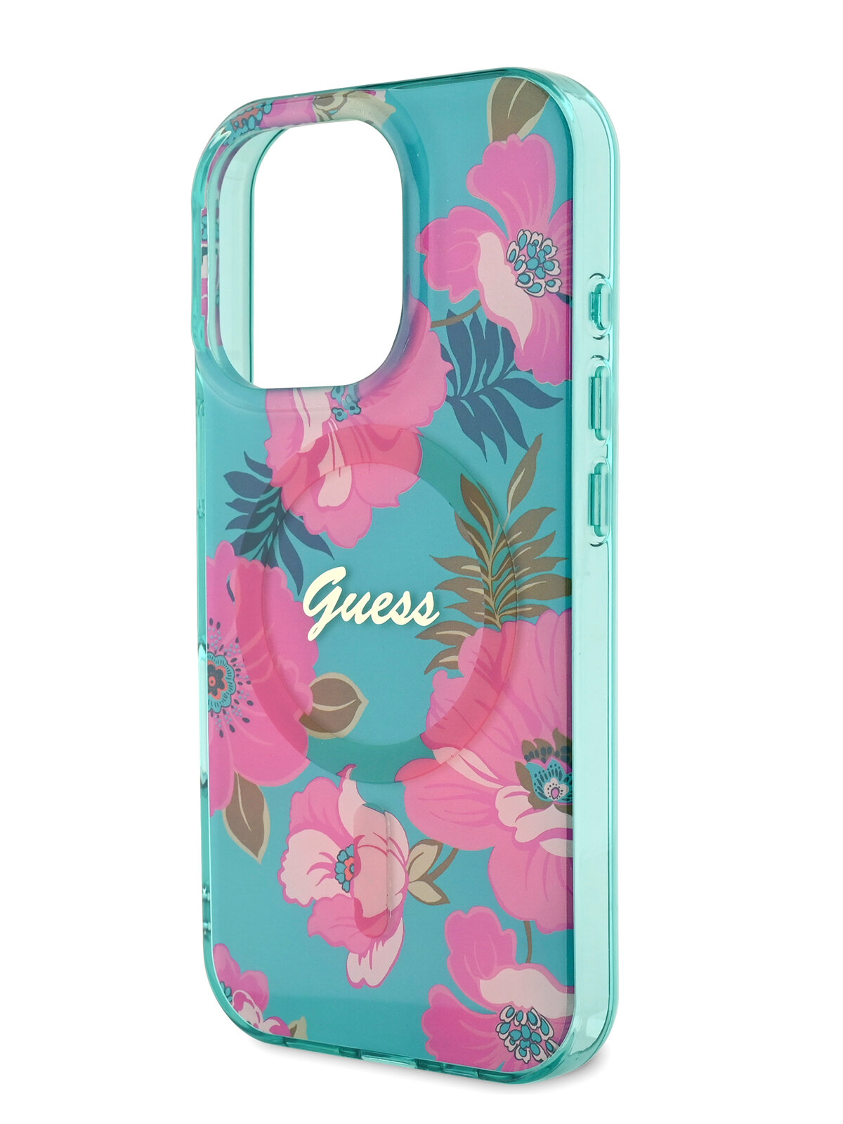 Guess для iPhone 16 Pro чехол PC/TPU Flowers Invisible Ring Hard Pink (MagSafe)