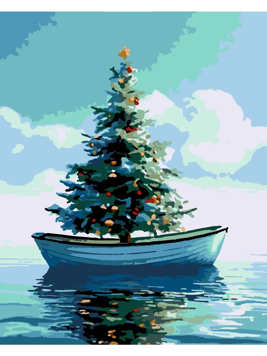 Картина по номерам "Елка и Лодка" Тут рисуют, холст на подрамнике, 50х40 см