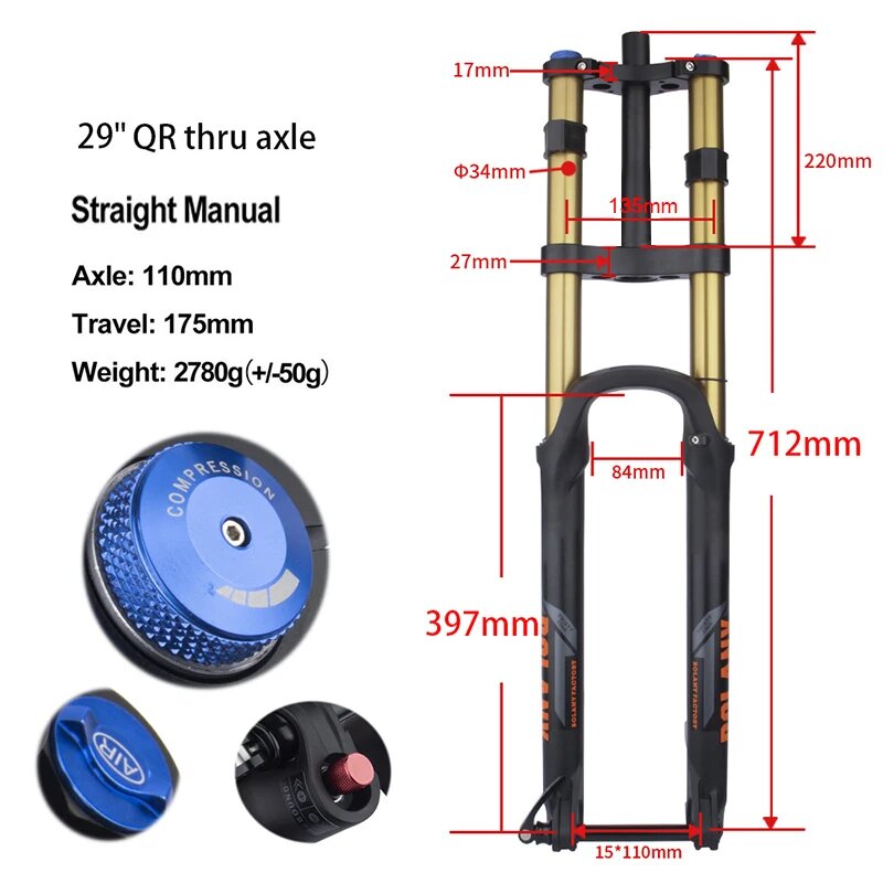 BOLANY велосипедная вилка алюминиевая 27,5/29 дюймов 175 мм Темно-синий, 29 Straight Gold