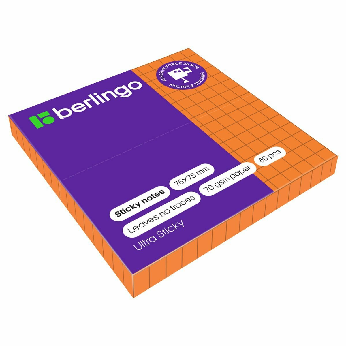 Стикеры (самоклеящийся блок) Berlingo Ultra Sticky, 75x75мм, в клетку, оранжевый неон, 80 листов (LSn_39714)