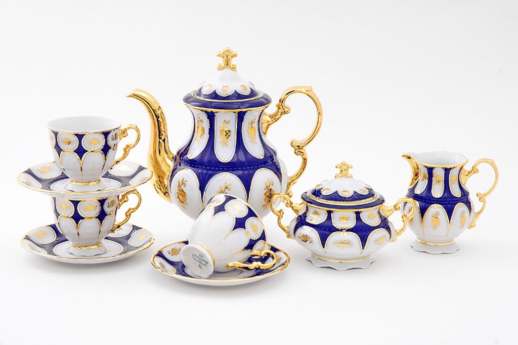 Кофейный сервиз 6 персон 15 предметов, Золотой цветок, кобальт Соната 07160714-0443, Leander