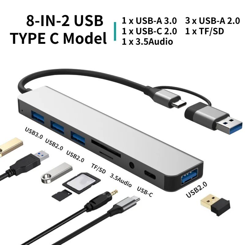 Док-станция 8 в 2 USB Type C USB 3.0 HUB с разъемом 3,5 мм, аудиоадаптером, устройство чтения карт Micro SD/TF для Macbook, ноутбука, планшета
