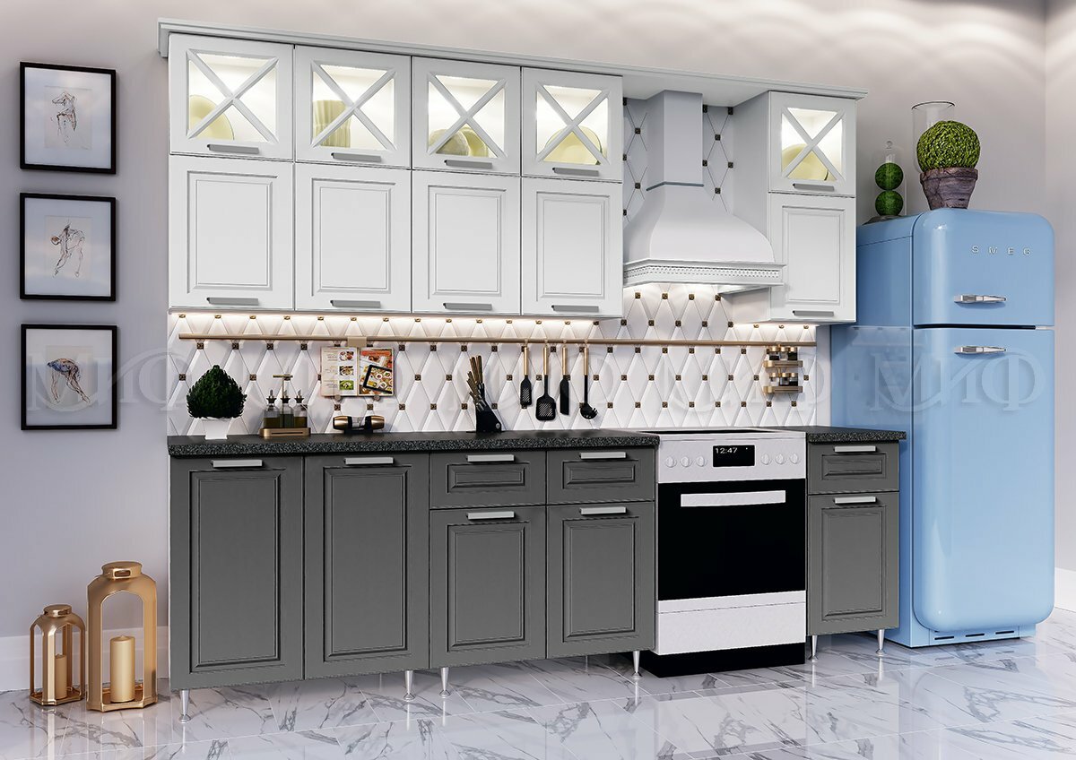 Кухня 2м с высокими шкафами Миф Констанция 2,0/900мм Компановка №4 белый снег/ графит/ кастилло