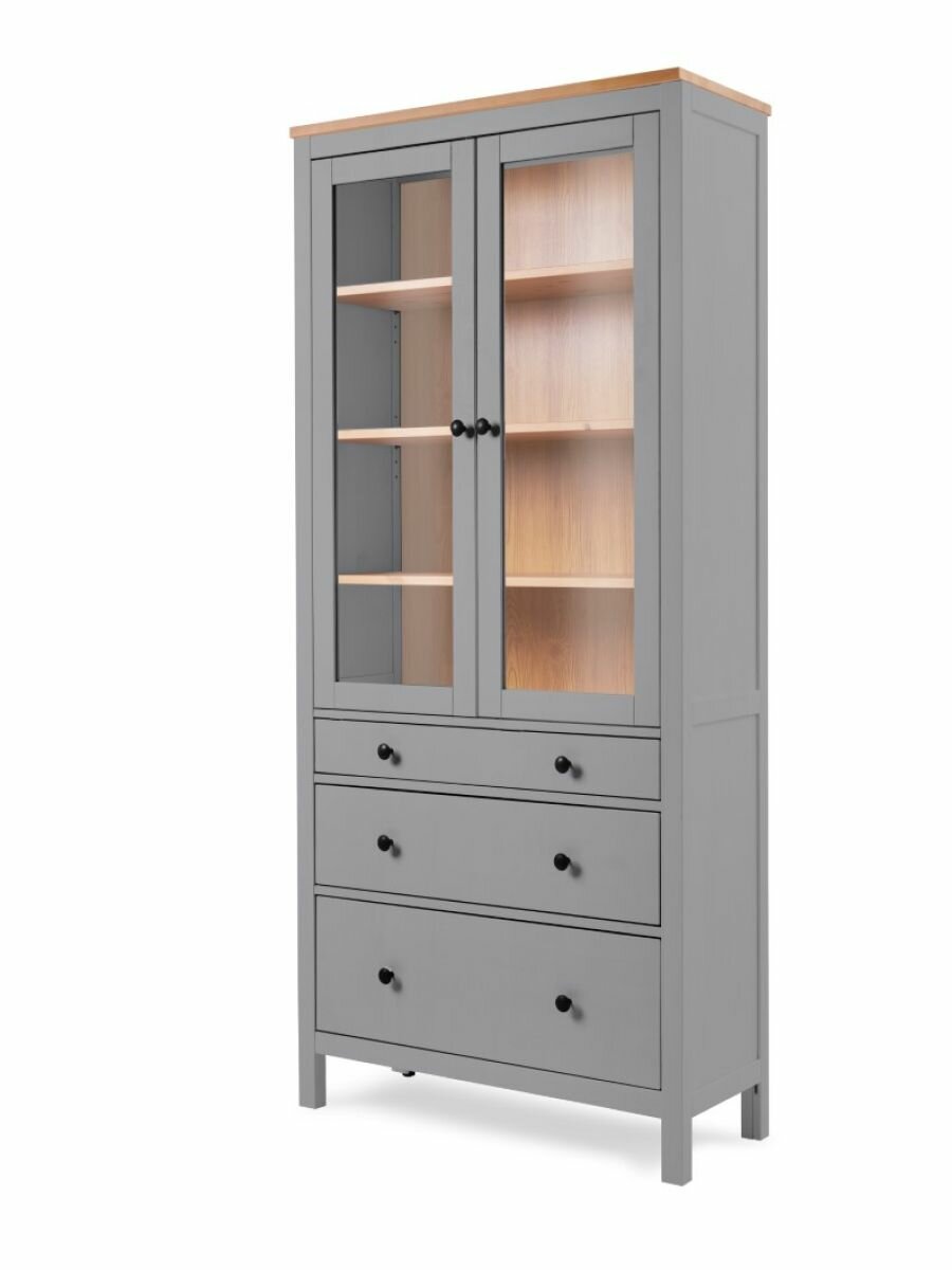 Шкаф-витрина для книг и посуды, с 3 ящиками кымор, 90х37х198 см, серый/светло-коричневый