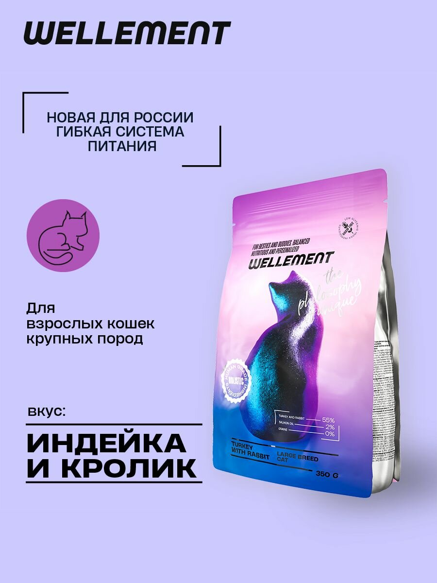 Беззерновой сухой корм холистик Wellement для кошек крупных пород с индейкой и кроликом, 350 г