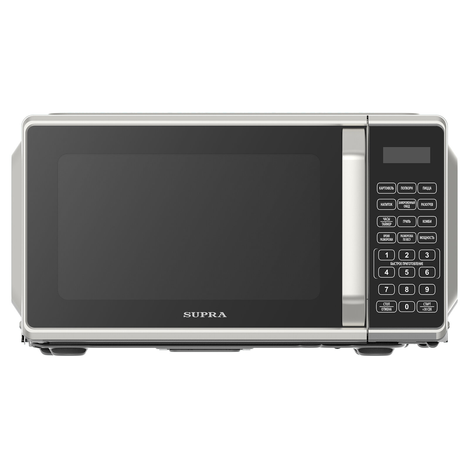 Микроволновая печь Supra 20SSG27, серебристая, сенсорные переключатели, гриль, эмаль, 700 Вт