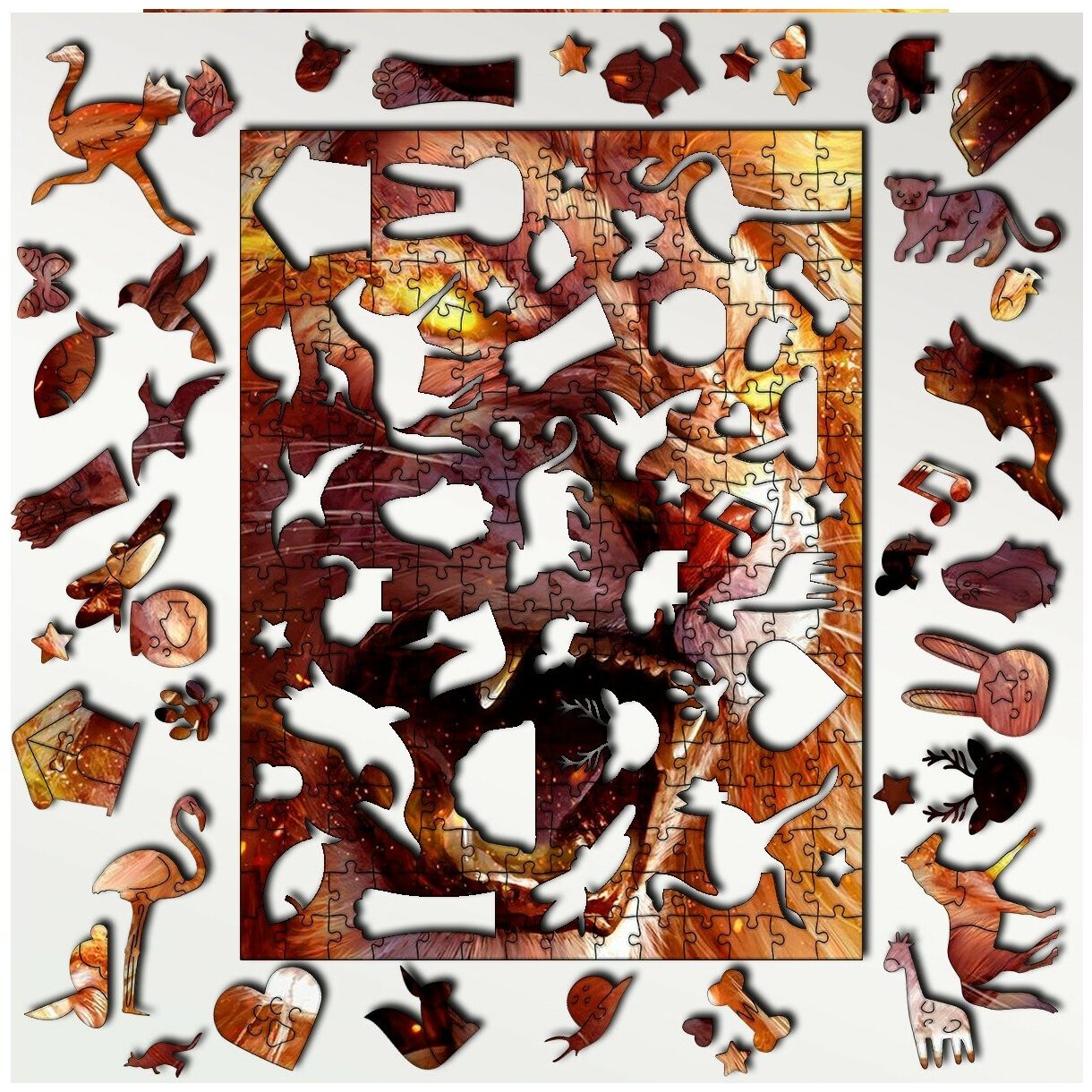 Пазл деревянный с фигурками из дерева 340 деталей 36х27 см животные огненный лев, кошка - 764