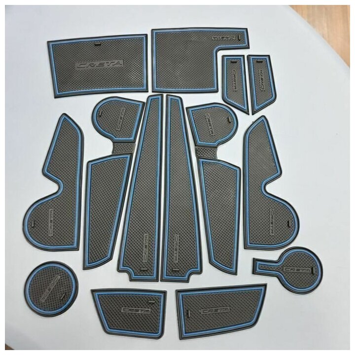 Коврики в ниши дверей и подстаканники Hyundai Solaris с 2010 по 2017, черный + синий кант, латекс.