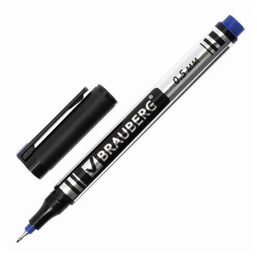 Маркер перманентный (нестираемый) BRAUBERG "Jet", синий, супертонкий металлический наконечник, 0.5 мм, 150508