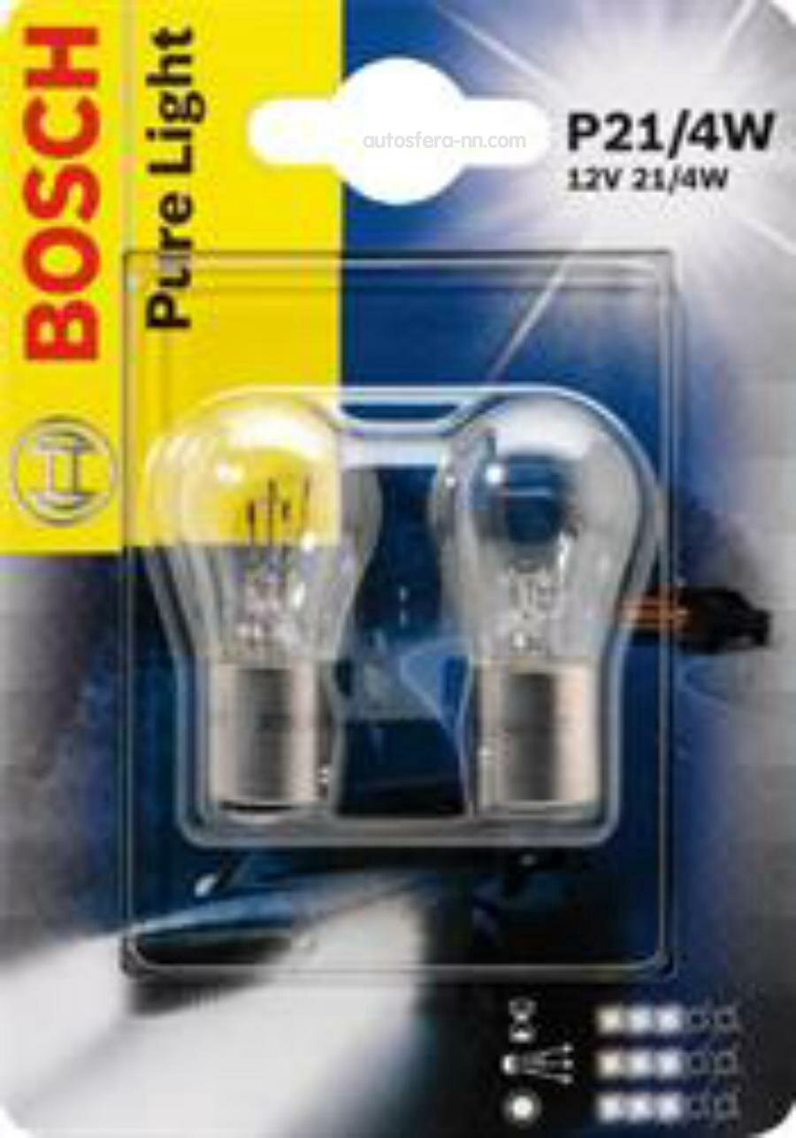 BOSCH 1987301015 Комплект ламп накаливания блистер 2шт P21/4W 12V 21/4W BAZ15d Pure Light (стандартные характеристики)