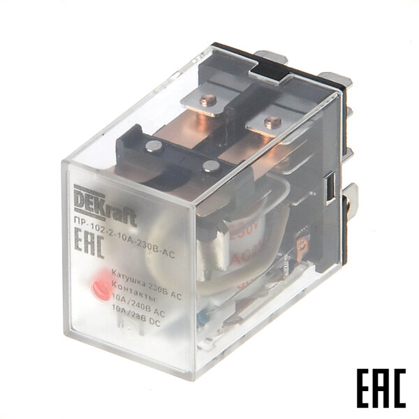 Реле промежуточное ПР-102-2-10A-230В-AC 23917DEK AC230В 10А 2 переключающихся контакта LED DEKraft