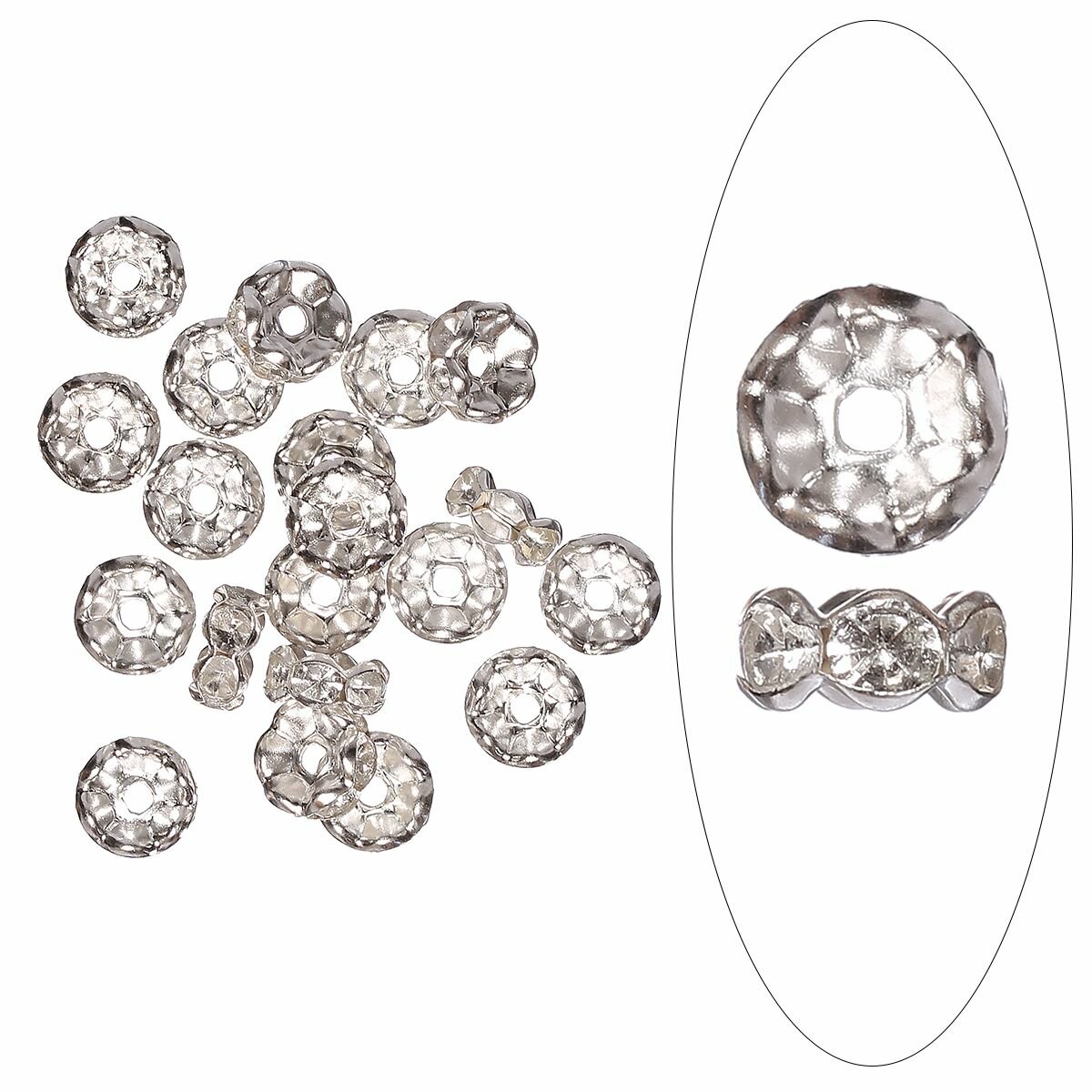 Бусина металлическая, 8х3.8мм, рондель со стразами, цветочек, базовый материал - латунь, под серебро, 5 грамм