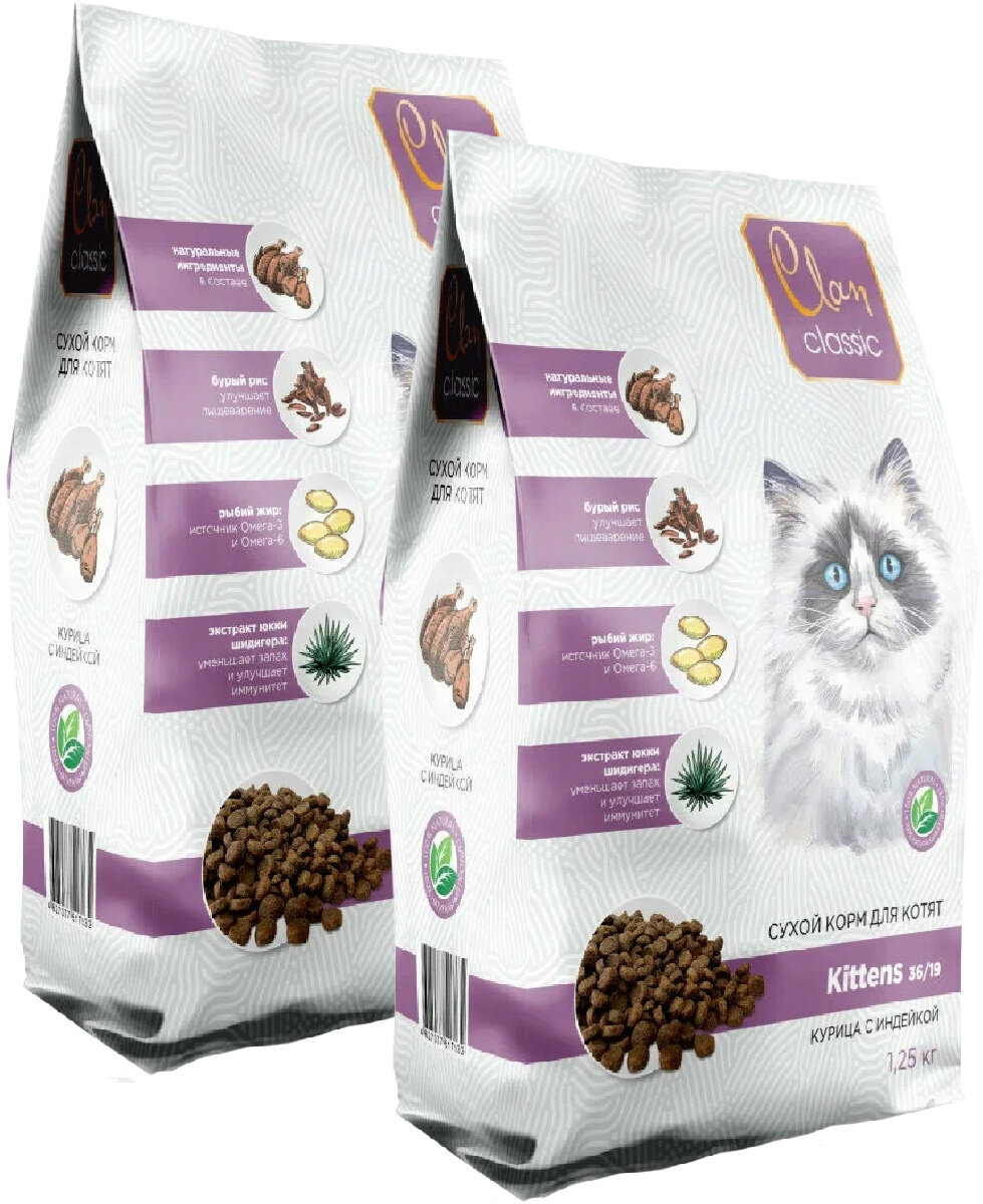 CLAN CLASSIC KITTENS 36/19 для котят с курицей и индейкой NEW 1,25 + 1,25 кг
