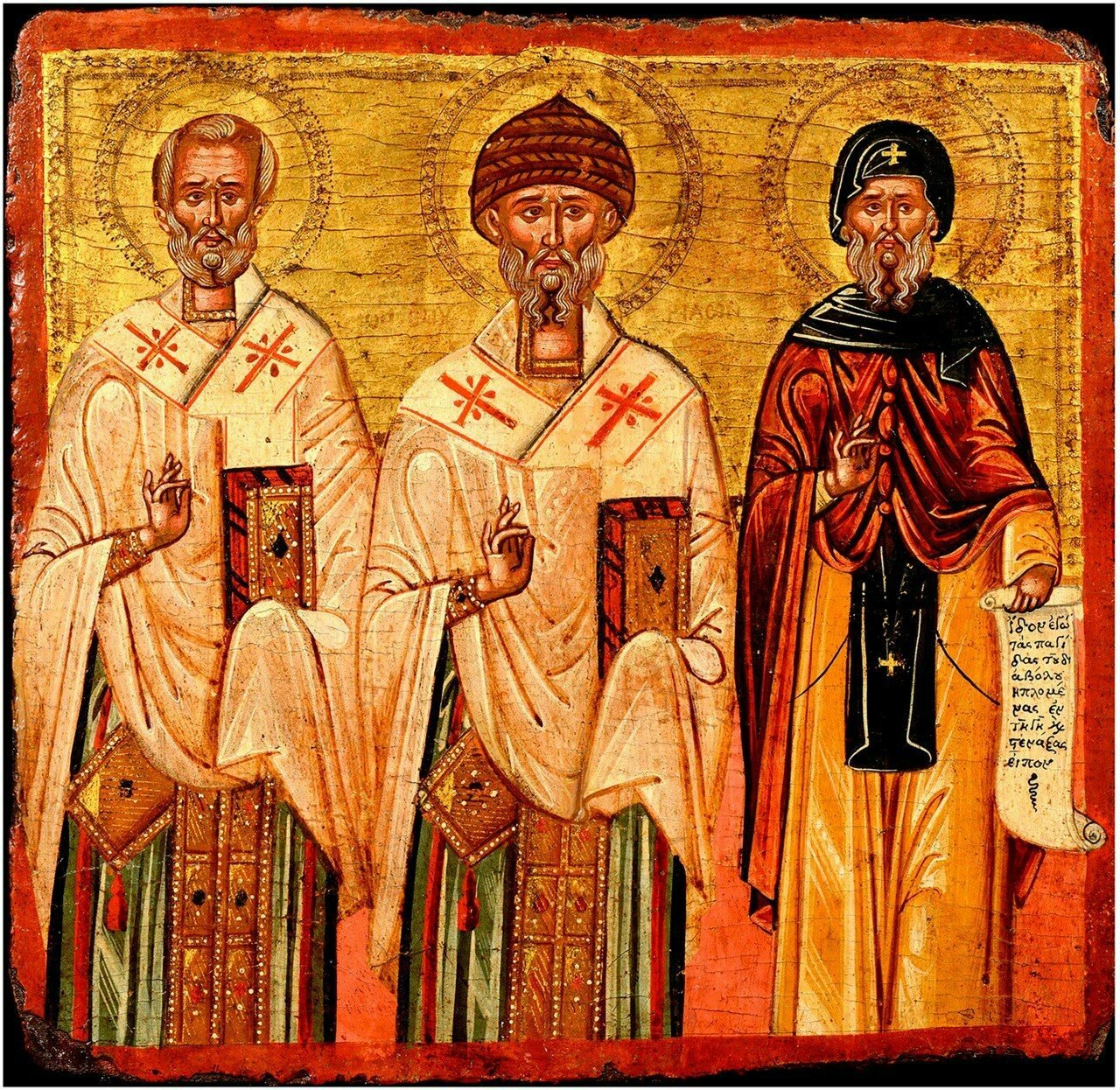 Николай Чудотворец, Спиридон Тримифунтский и Антоний Великий. Деревянная икона на левкасе (19 см)