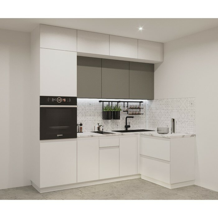 Кухонный гарнитур угловой трёхуровневый в потолок «Лайн 21», 2400×1400 мм, цвет белые/тальк/обсидиан/мрамор белый