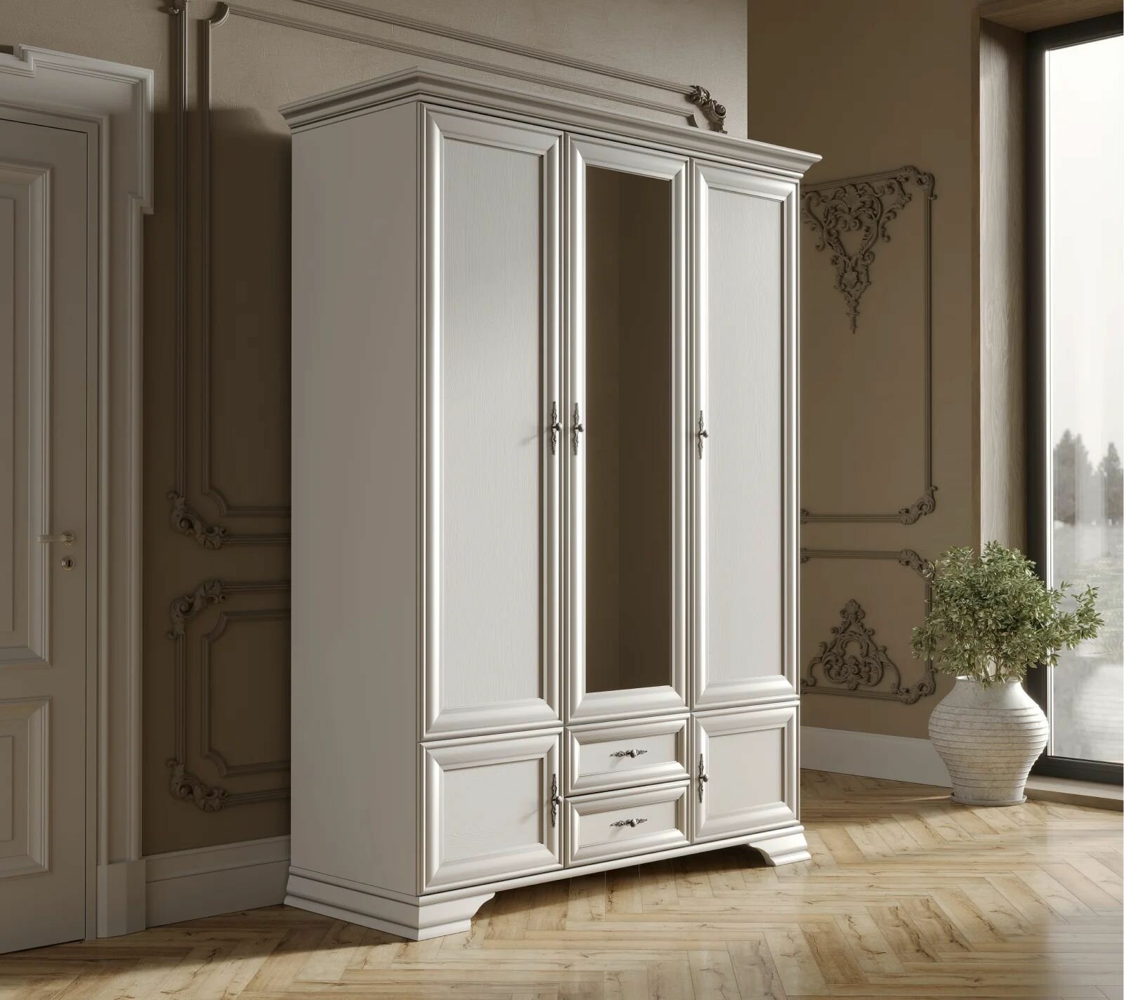 Шкаф для одежды кентаки SZF5D2S белый, распашной с зеркалом, белый, трехстворчатый, со штангой