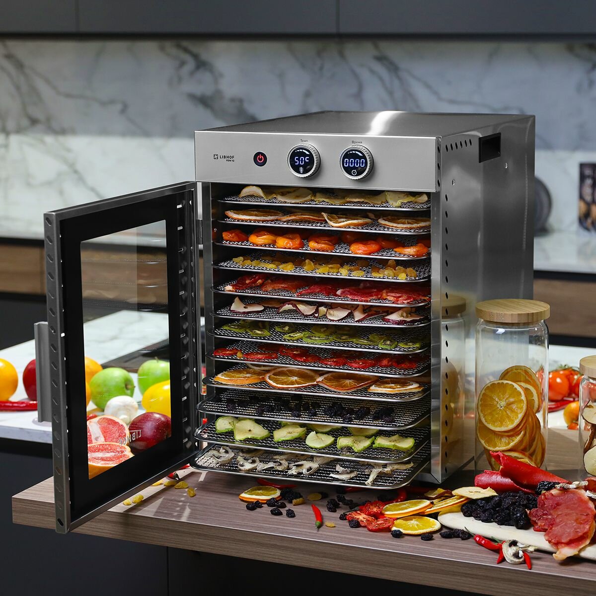 Сушилка для овощей и фруктов Libhof FDW-12 / Дегидратор на 12 поддонов, 39л, 1000 Вт / Электронное управление