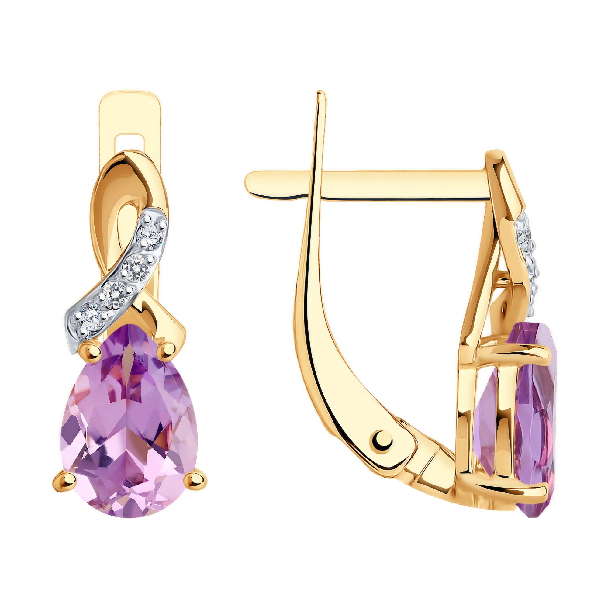 Серьги, красное золото, 585 проба, аметист, фианит