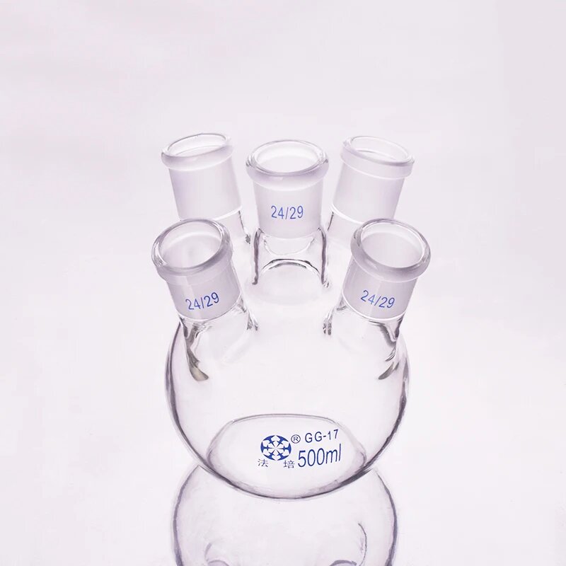Пятигорлая колба косой формы, с пятью горловинами, стандартная шлифованная горловина 150–500–500–500–500 л, 24/29, колба с плоским дном с пятью горловинами 1000mL