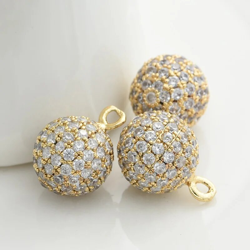 YANASI Круглые бусины из меди с кубическим цирконием 10 мм, Golden