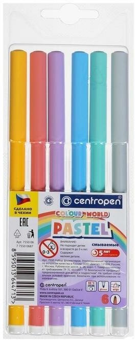 Фломастеры 6 цветов, Centropen Colour World Pastel 7550/6 TP, пастельные, в блистере