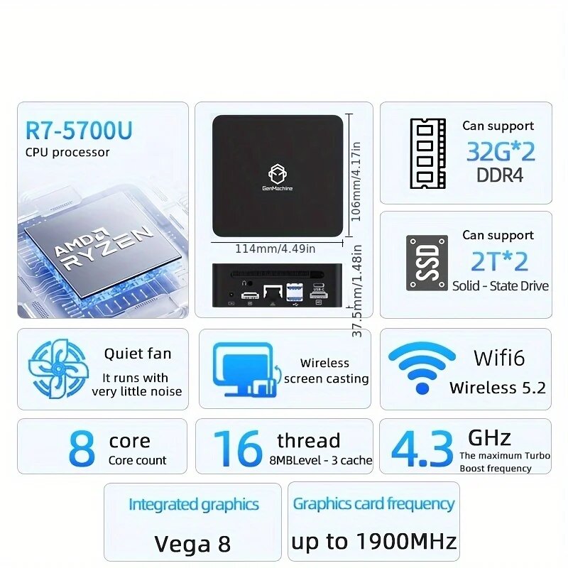 Мини-ПК Genmachine Ryzen 7 5700U WiFi 6, ЕС — фото 1