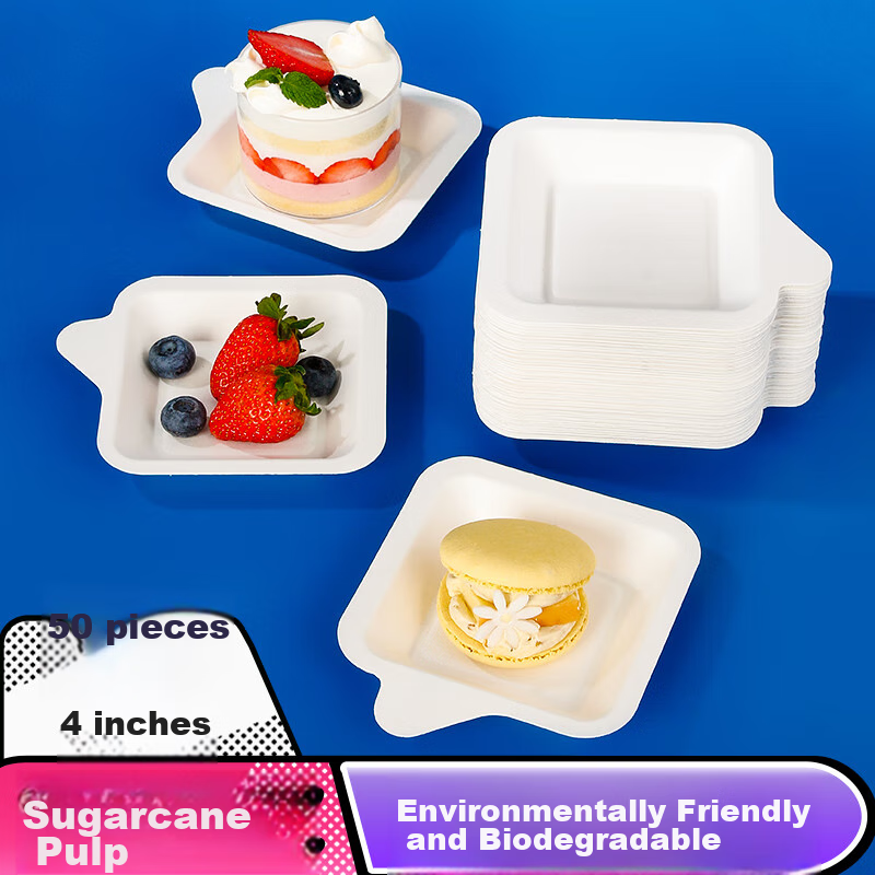 SHUANG YU Disposable Plates, 4 Inches, 50 Pieces, Biodegradable Paper Plates, Square Paper Dishes, Cake Plates, Eco-Friendly Tableware