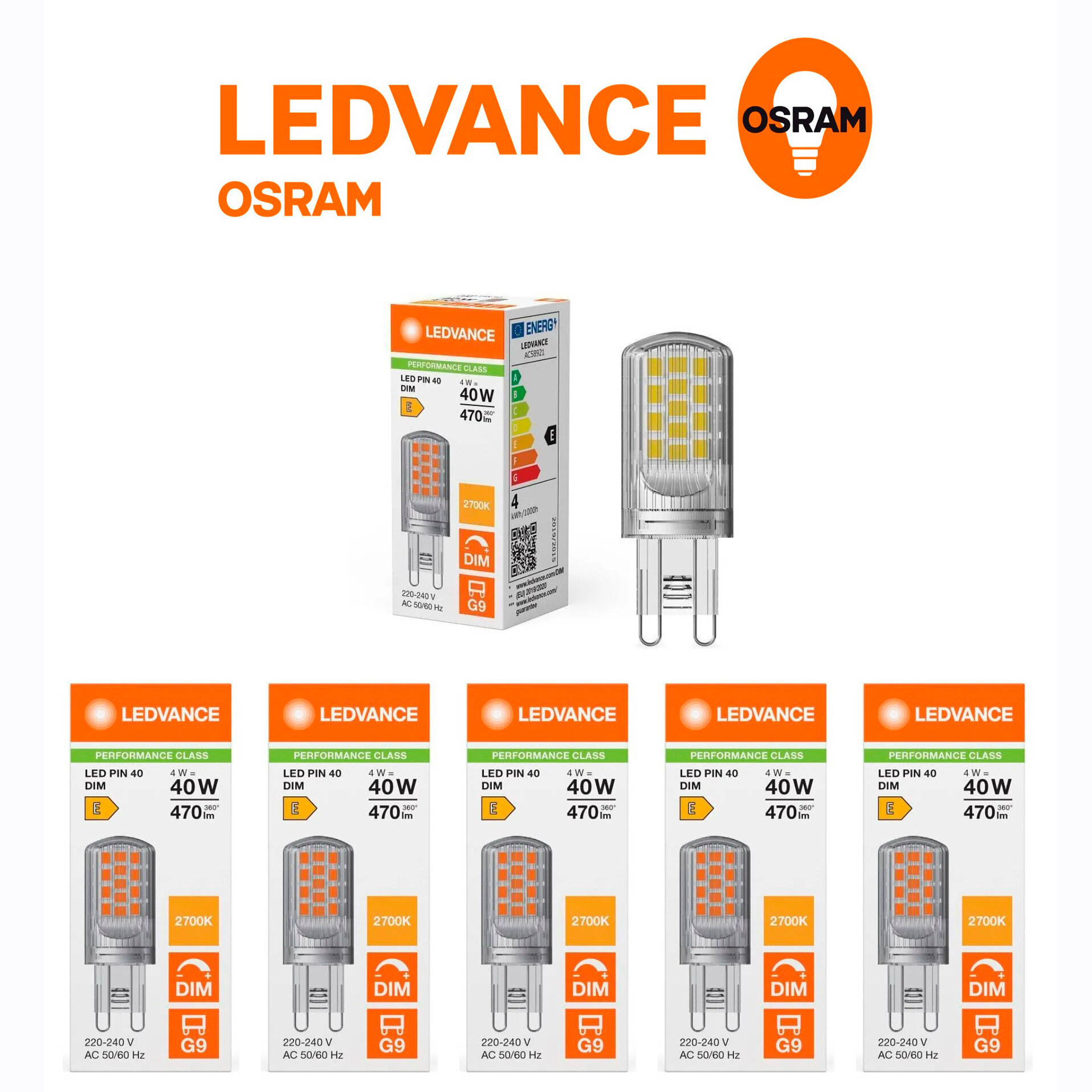 5шт/уп. Лампа LED Капсула 4W 230V G9 PIN DIM Диммируемая 470Лм d18x49 Угол 360 град. 2700К Свет Теплый белый LEDVANCE-OSRAM, уп. 5шт